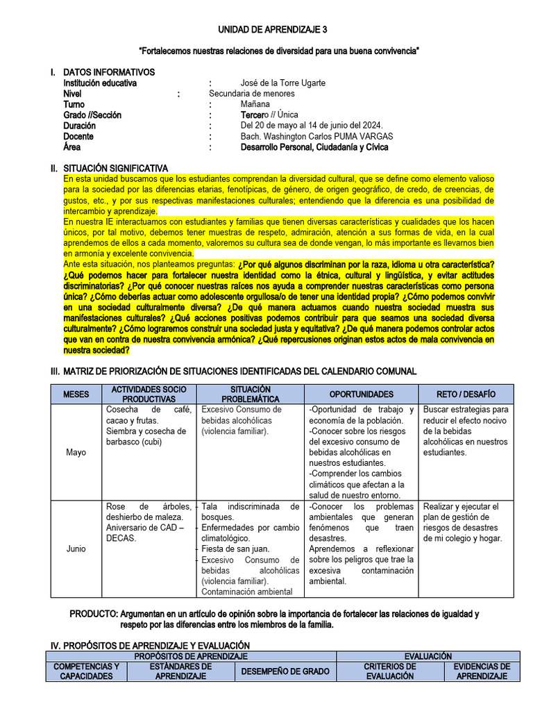 03 Unidad de Aprendizaje 3 DPCC - 3° 2024 | PDF | Aprendizaje | Evaluación
