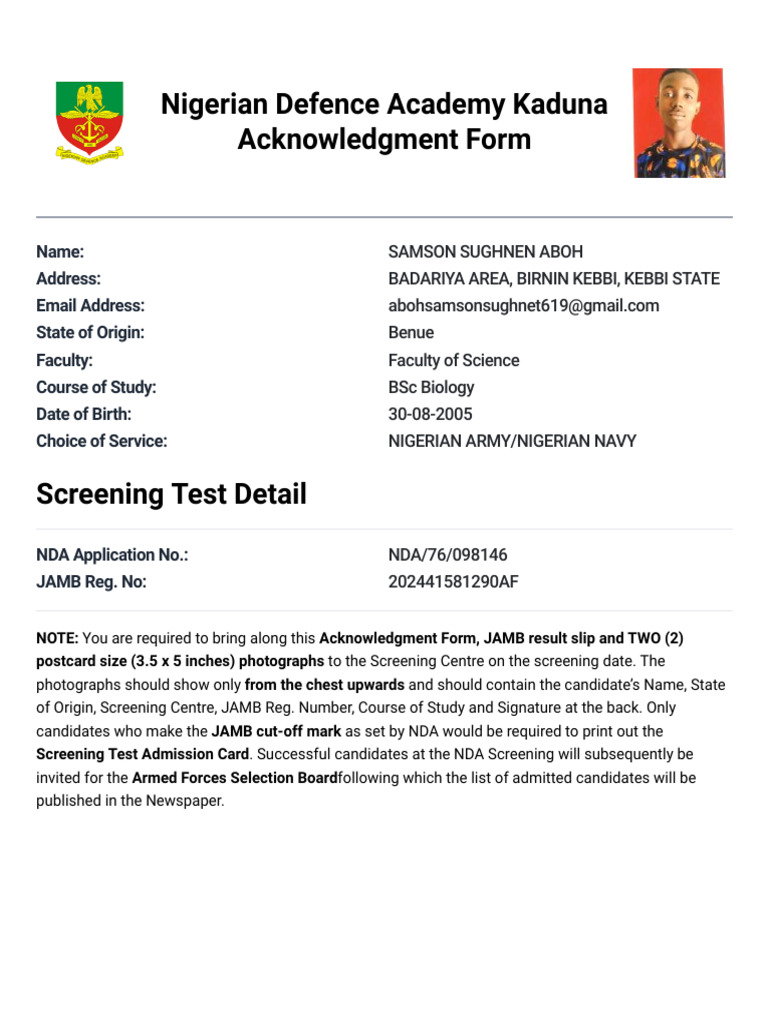 NDA Kaduna Acknowledgment Form Guide | PDF