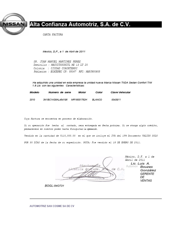 Carta Factura Nissan | PDF