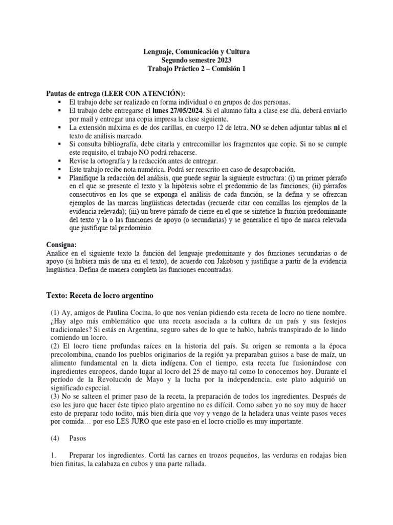 TP 2 Jakobson Com 2 LCC 1 Sem 2024 | PDF | Alimentos | Cocina