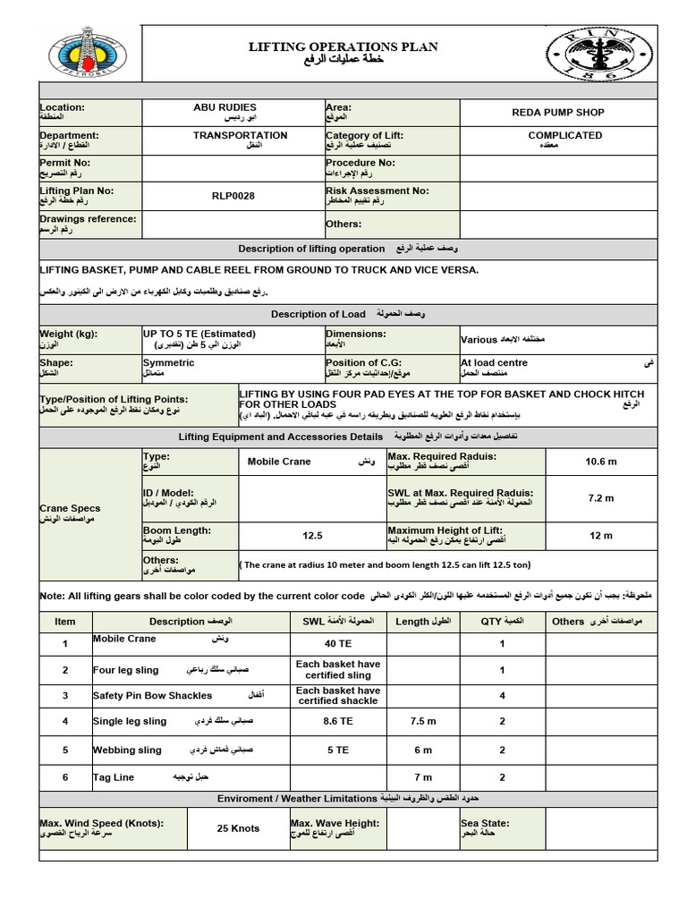 Generic Lift Plan For Lifting Basket, Pump and Cable Reel. | PDF