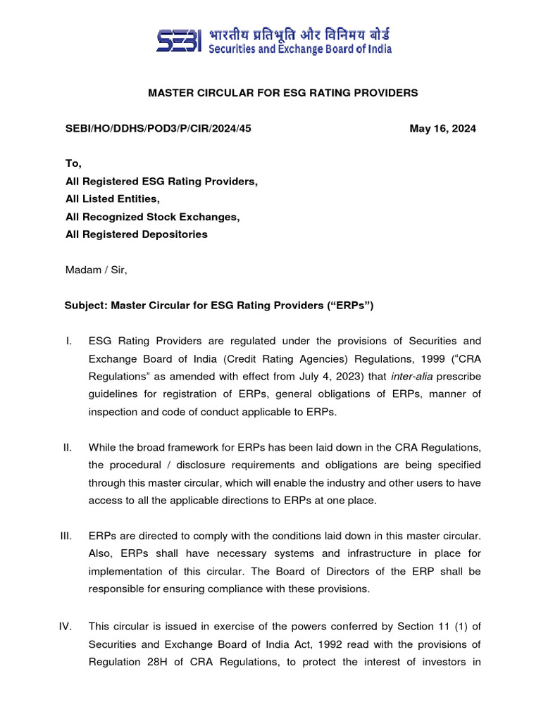SEBI ESG Rating Providers Circular | PDF | Securities (Finance) | Business