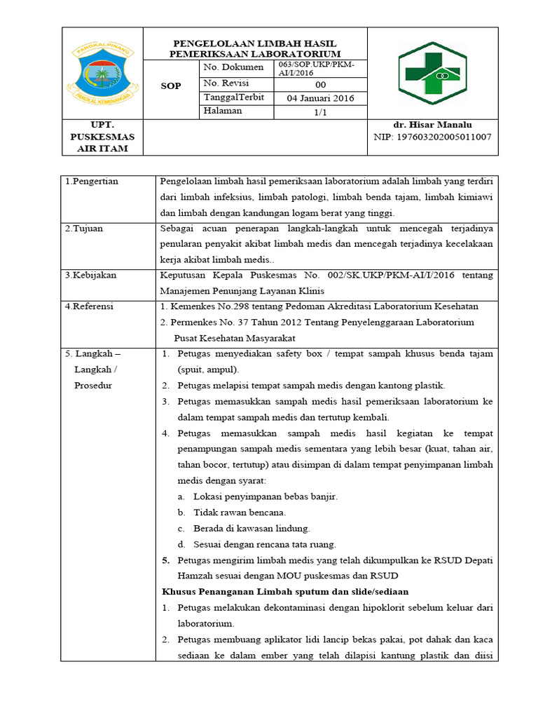 8.1.2.9b SPO Pengelolaan Limbah Hasil Pemeriksaan Lab | PDF