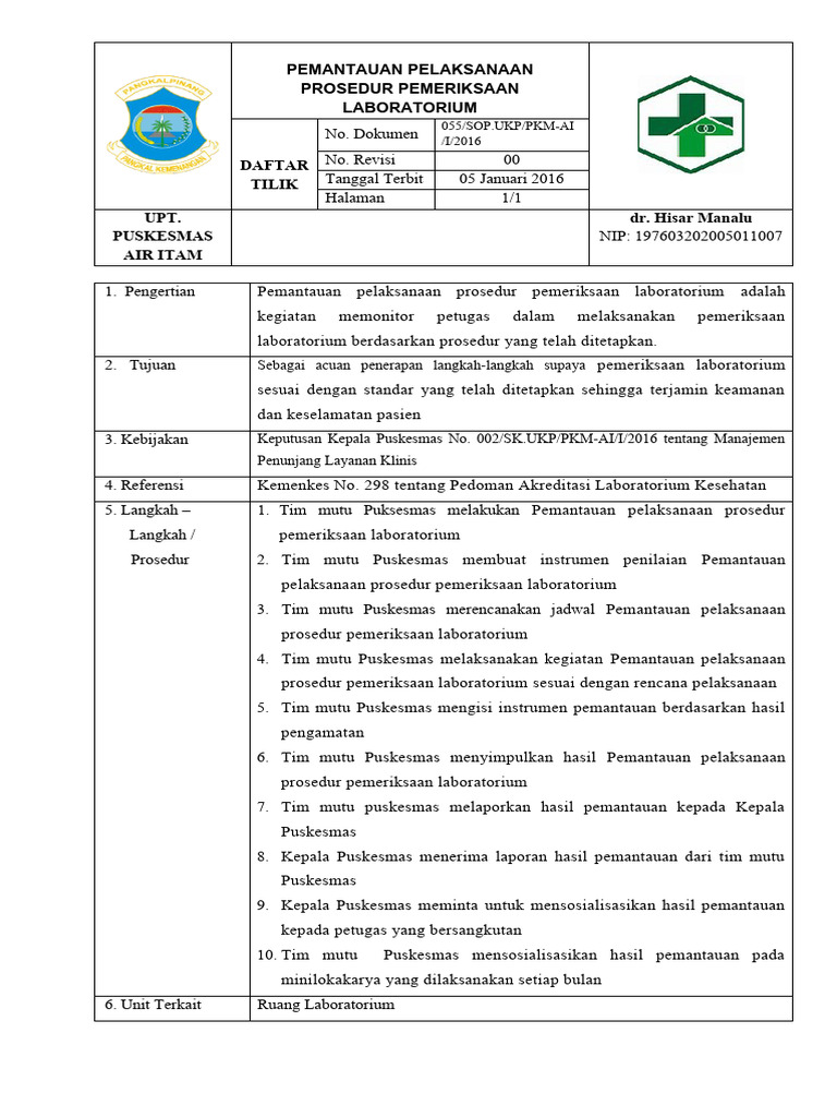 8.1.2.3a.sop Pemantauan Pelaksanaan Prosedur Pemeriksaan Lab | PDF ...