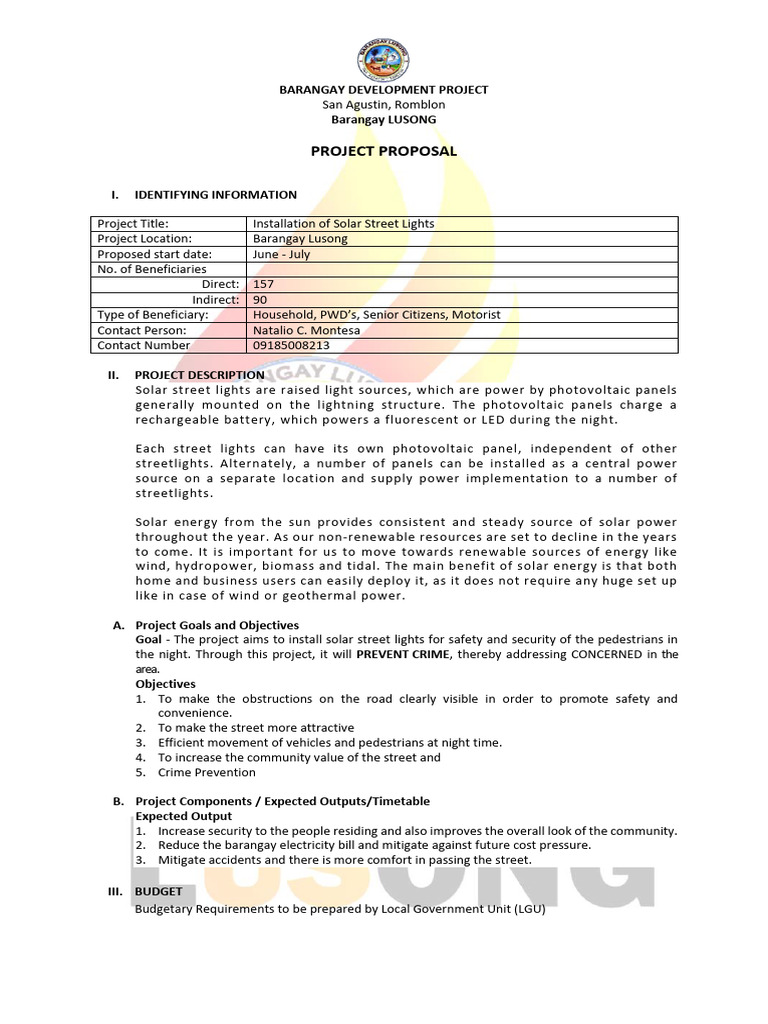 Barangay Development Project | PDF | Solar Power | Street Light