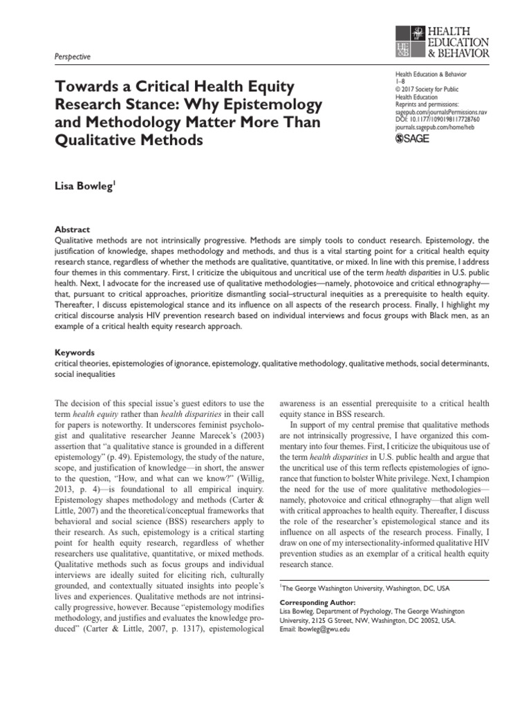 Towards A Critical Health Equity Research Stance Why Epistemology and ...