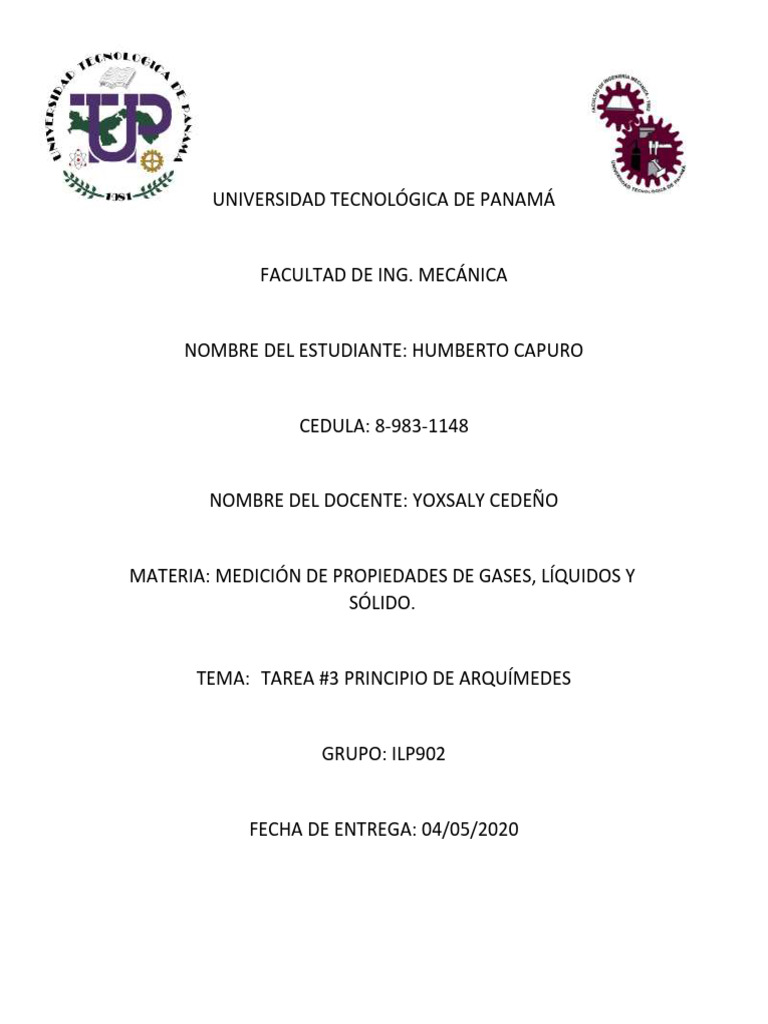 Tarea #3 Principio de Arquímedes, Humberto Capuro | PDF | Densidad | Masa