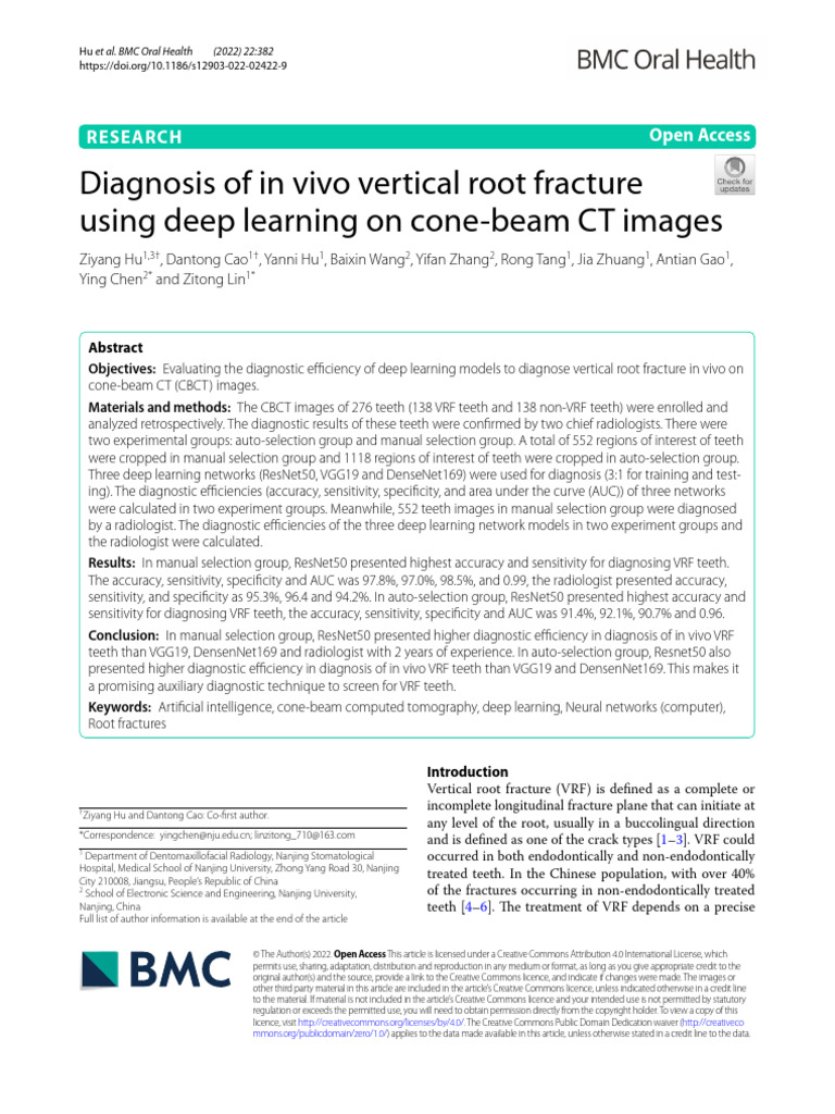 Diagnosis of in Vivo Vertical Root Fracture Using Deep Learning On Cone ...