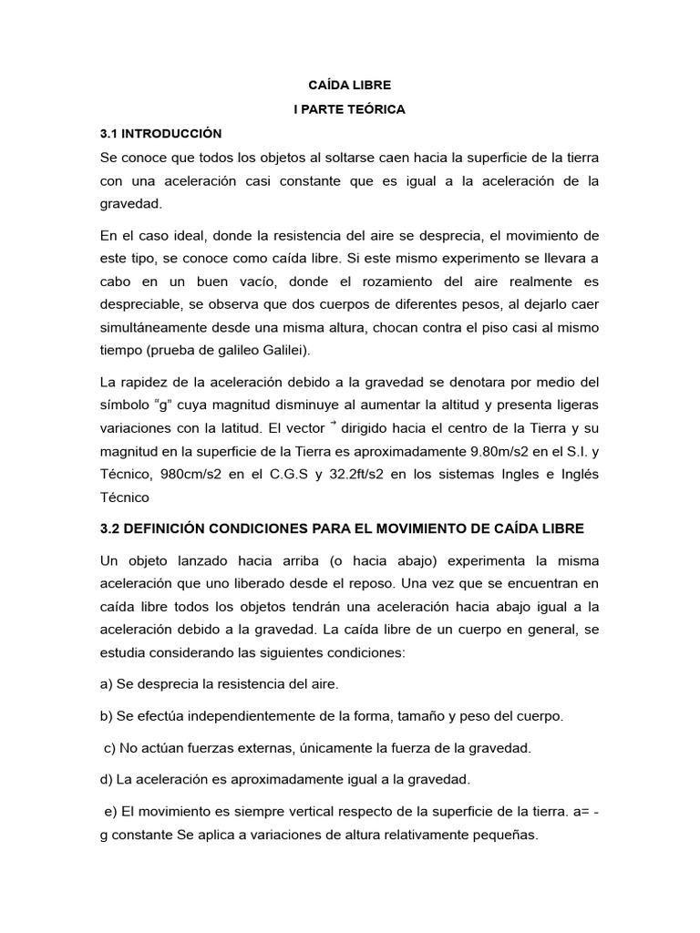 Caída Libre: Teoría y Experimento | PDF | Gravedad | Aceleración