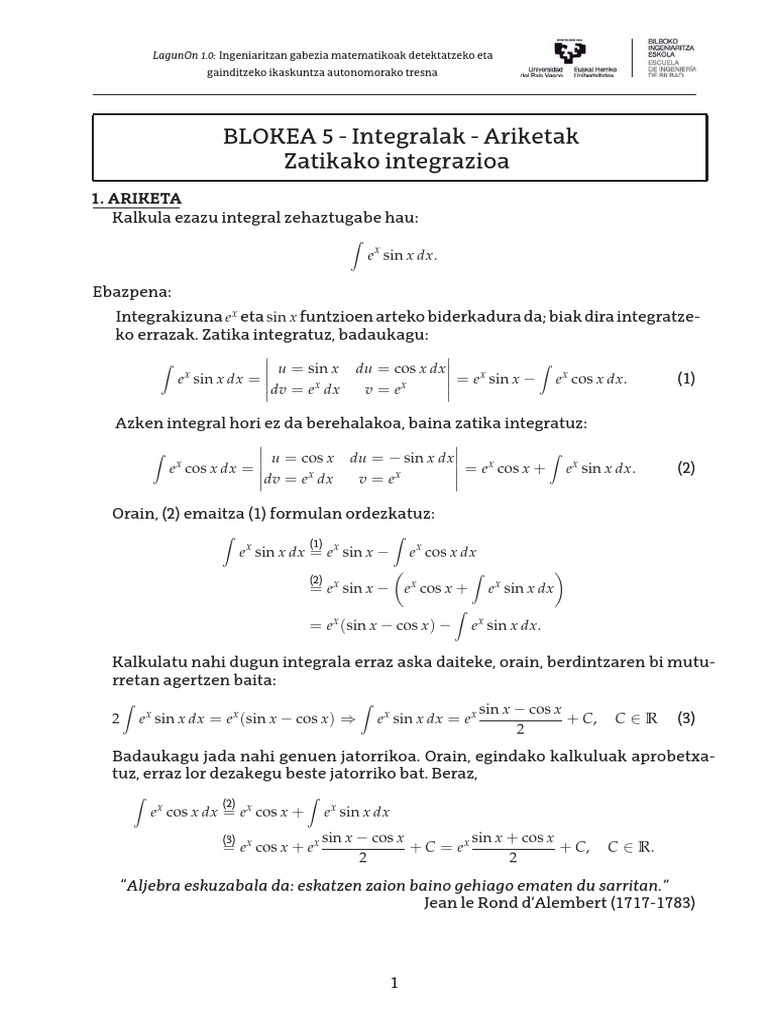 BLOKEA 5 - Integralak - Ariketak - Zatikako Integrazioa | PDF