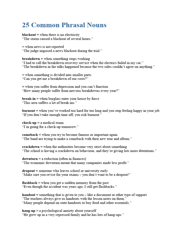 25 Common Phrasal Nouns | PDF | Behavioural Sciences | Psychology