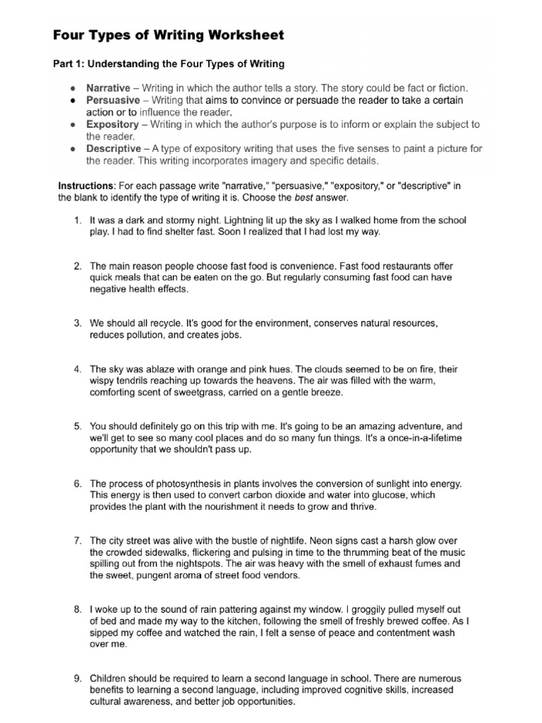Four Types of Writing Worksheet | PDF