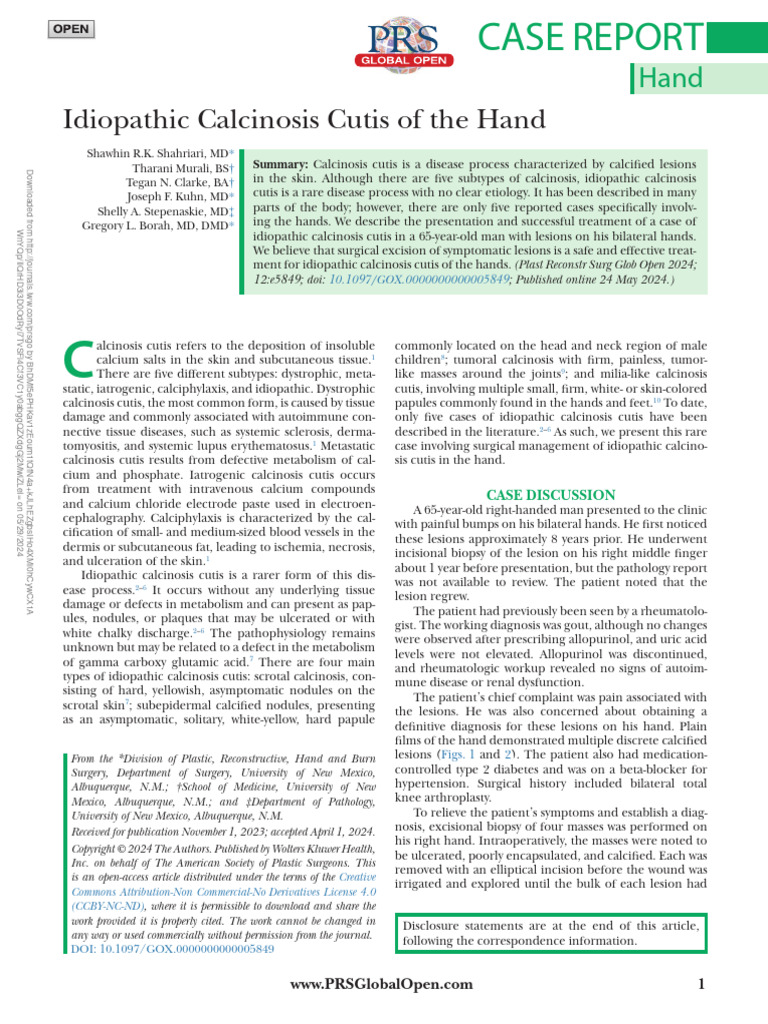 Idiopathic Calcinosis Cutis of The Hand | PDF | Surgery | Medicine