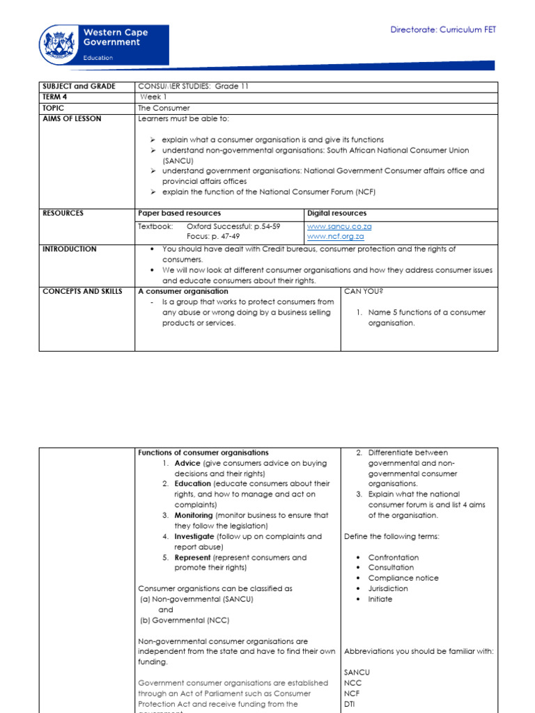 Consumer Studies Grade 11 Term 4 Week One | PDF | Consumer Protection ...