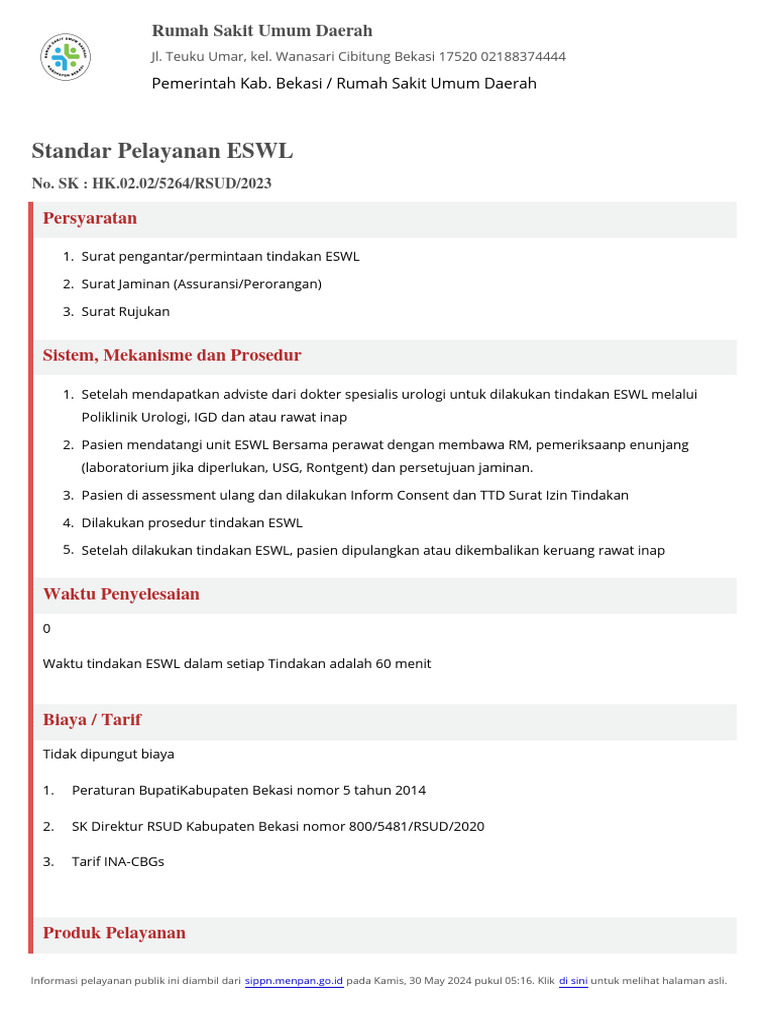 Standar Pelayanan Tindakan ESWL RSUD | PDF