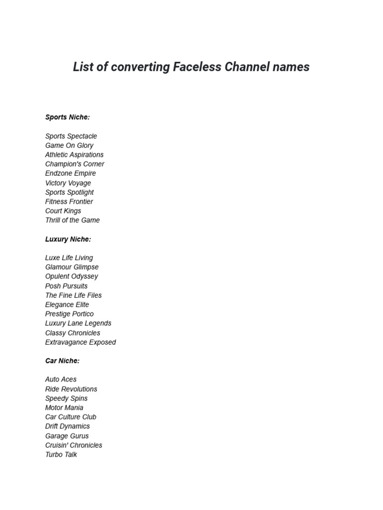 List of Converting Faceless Channel Names | PDF | Sports & Recreation