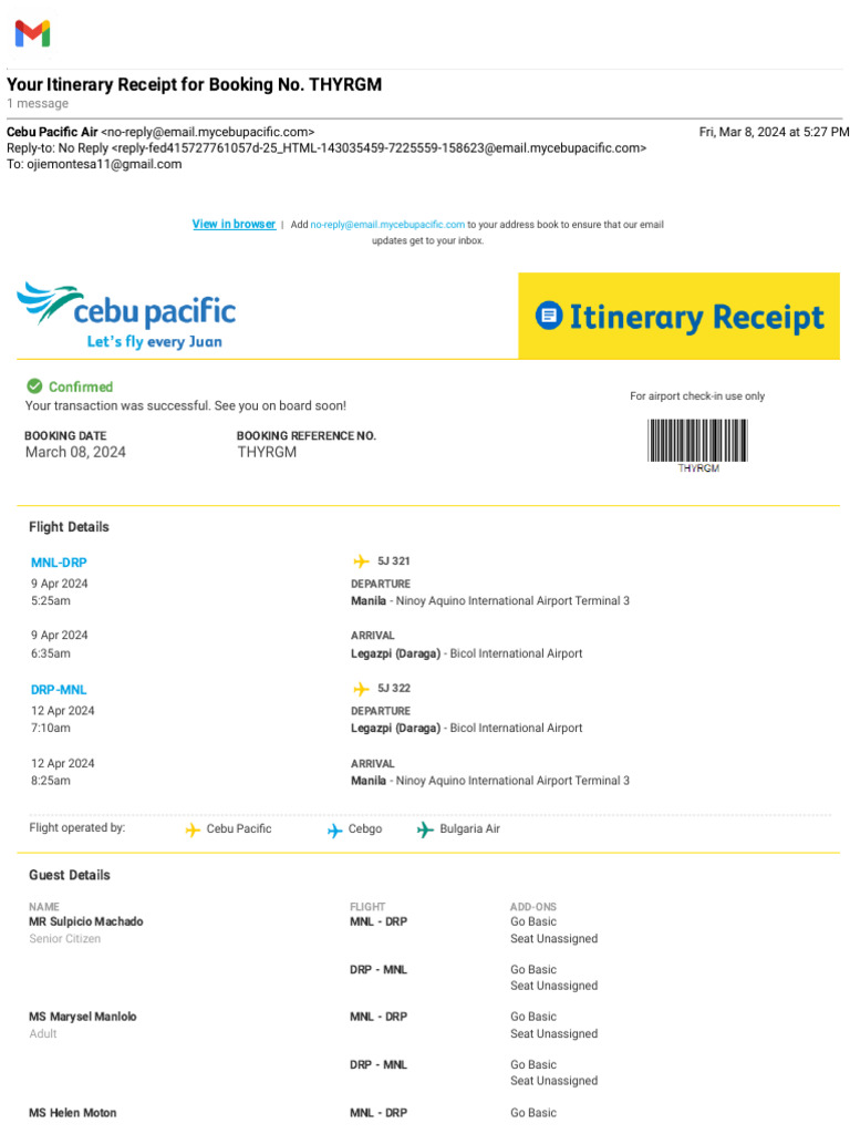Cebu Pacific Itinerary Receipt | PDF | Fee