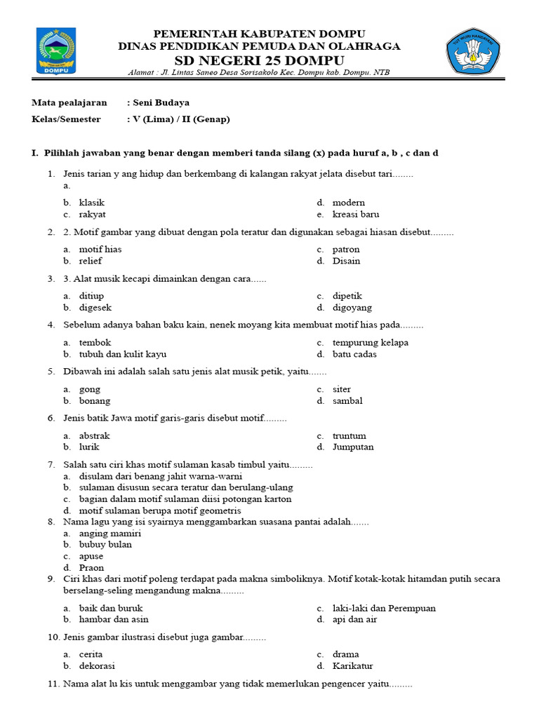 Soal Uts Seni Budaya Kelas 5 | PDF