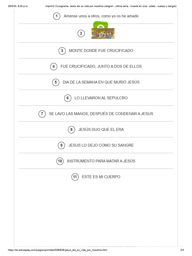 Imprimir Crucigrama - Jesús Dio Su Vida Por Nosotros (Religion - Ultima ...