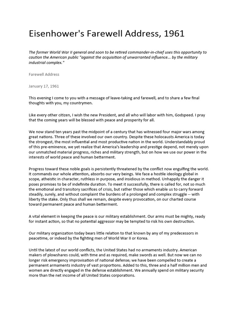 Eisenhower's 1961 Farewell Address Insights | PDF | Peace