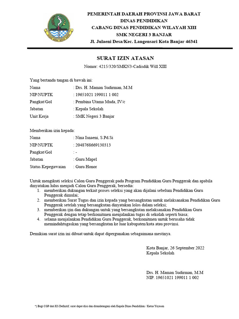 Contoh Surat Izin Atasan Untuk CGP | PDF Contoh Surat Izin Atasan Untuk CGP | PDF