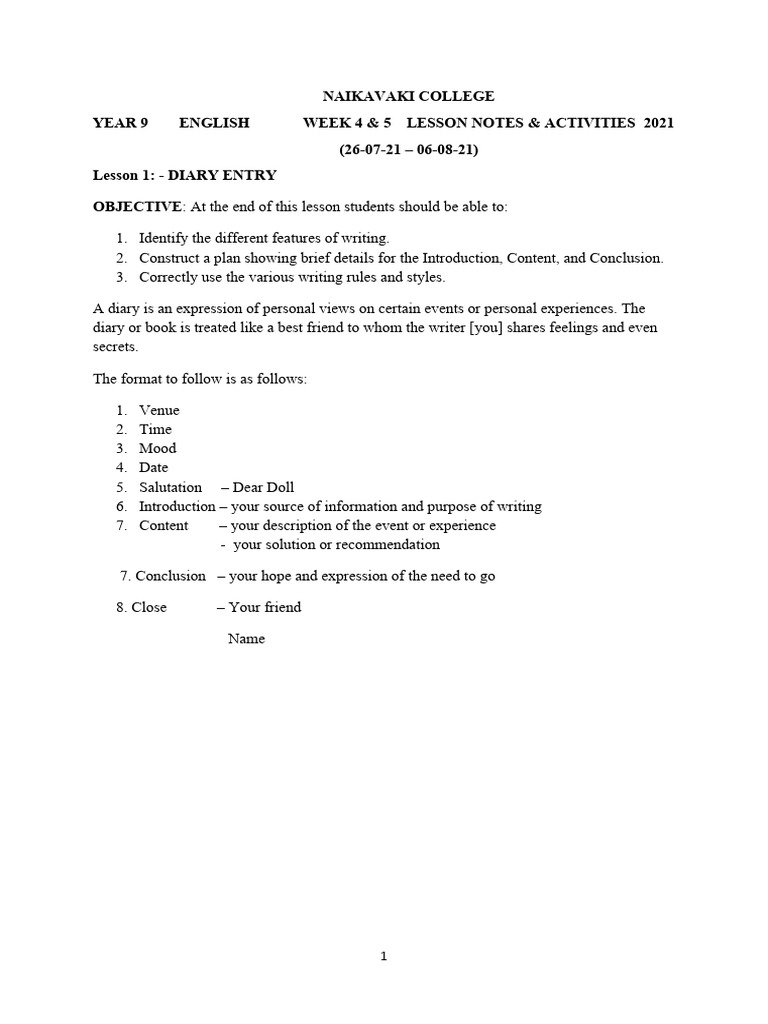 Year 9 English Lesson Notes: Diary & Sentences | PDF | Sentence ...