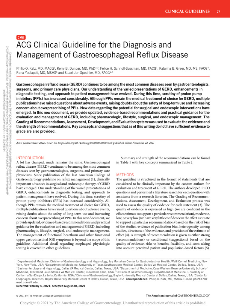 ACG Clinical Guideline for the Diagnosis and Management of Gastroesophageal Reflux Disease | PDF ...