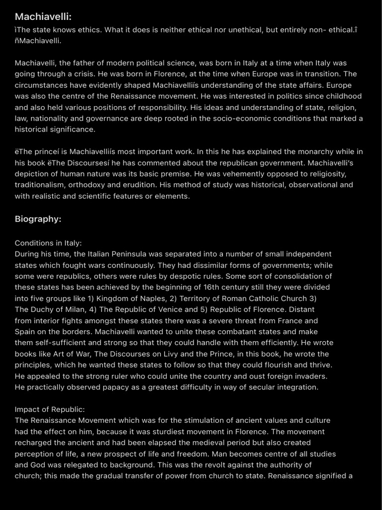 Machiavelli Notes, Western Political Thought Du He | PDF | Niccolò ...