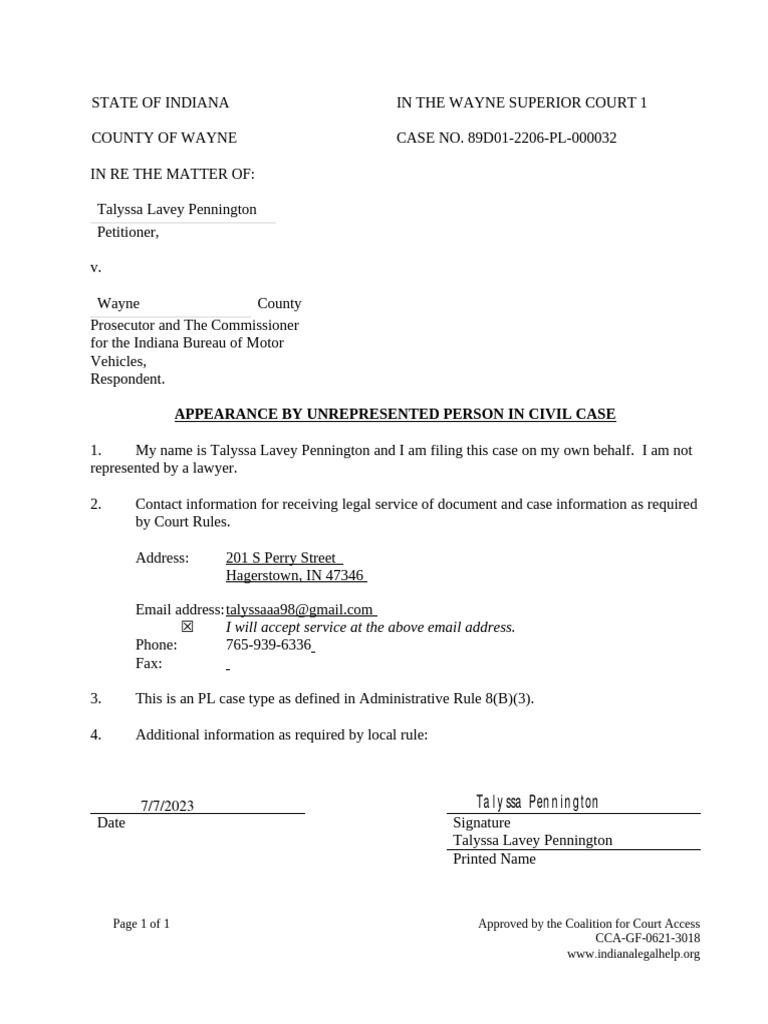 Indiana Civil Case Appearance Filing | PDF