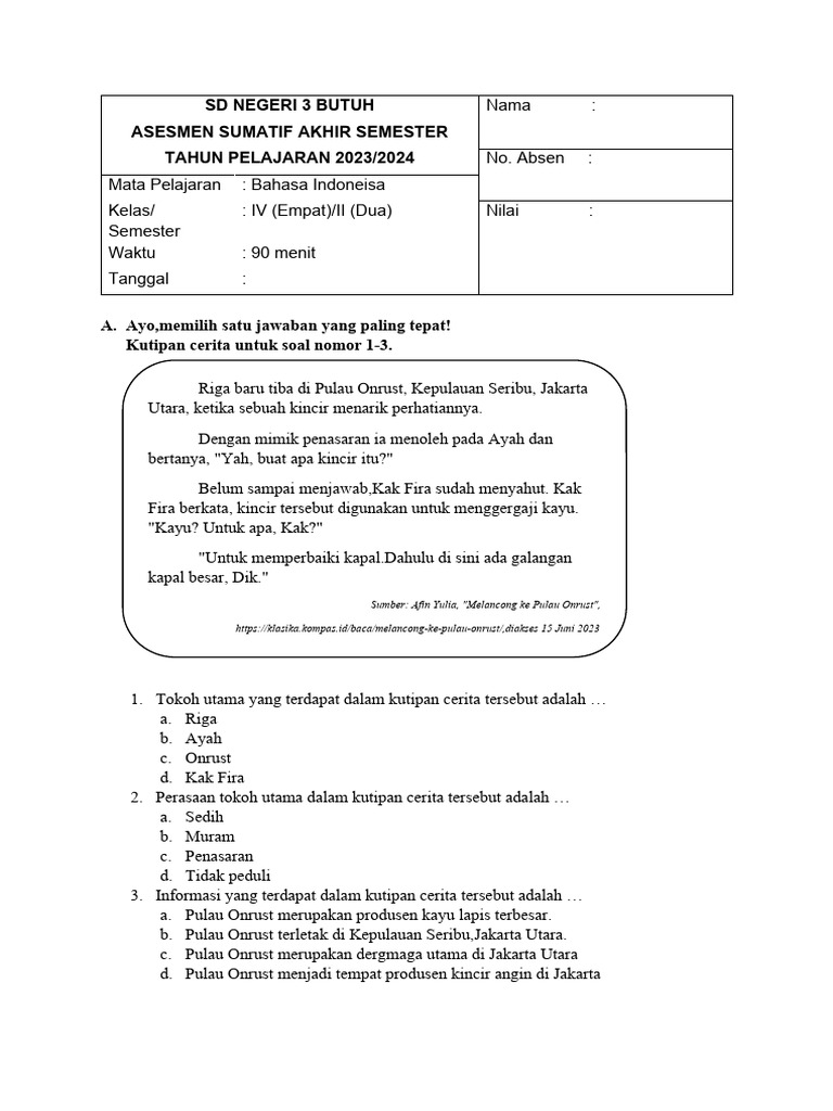 Soal Pas Bahasa Indonesia Kelas 4 Semester 2 | PDF