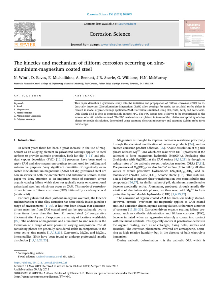 The Kinetics and Mechanism of Filiform Corrosion o | PDF | Corrosion ...