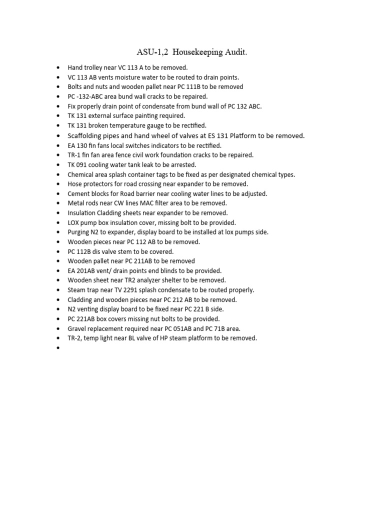 ASU-1,2 Housekeeping Audit Checklist | PDF | Science & Mathematics