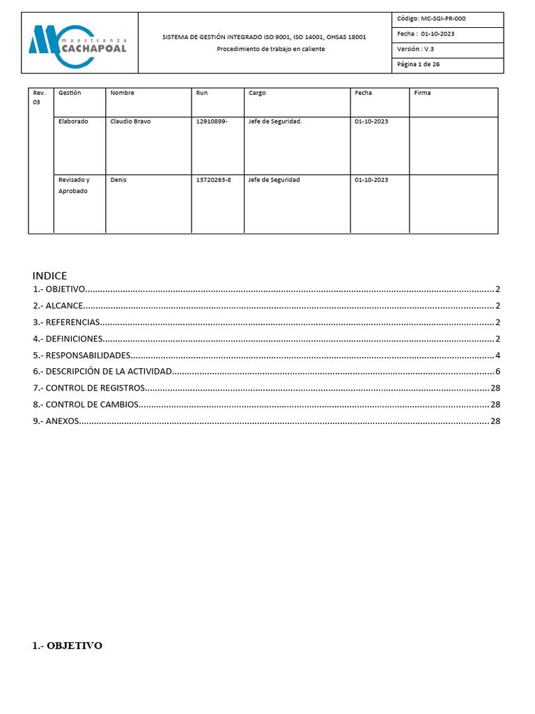 MC-SGI-PR-033 Procedimiento de Trabajo en Caliente Rev.3 | PDF ...