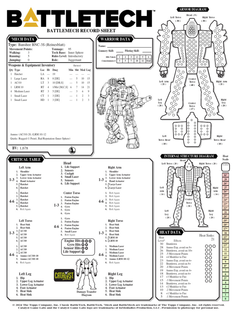 Banshee BNC-3S BattleMech Record | PDF | Battle Tech