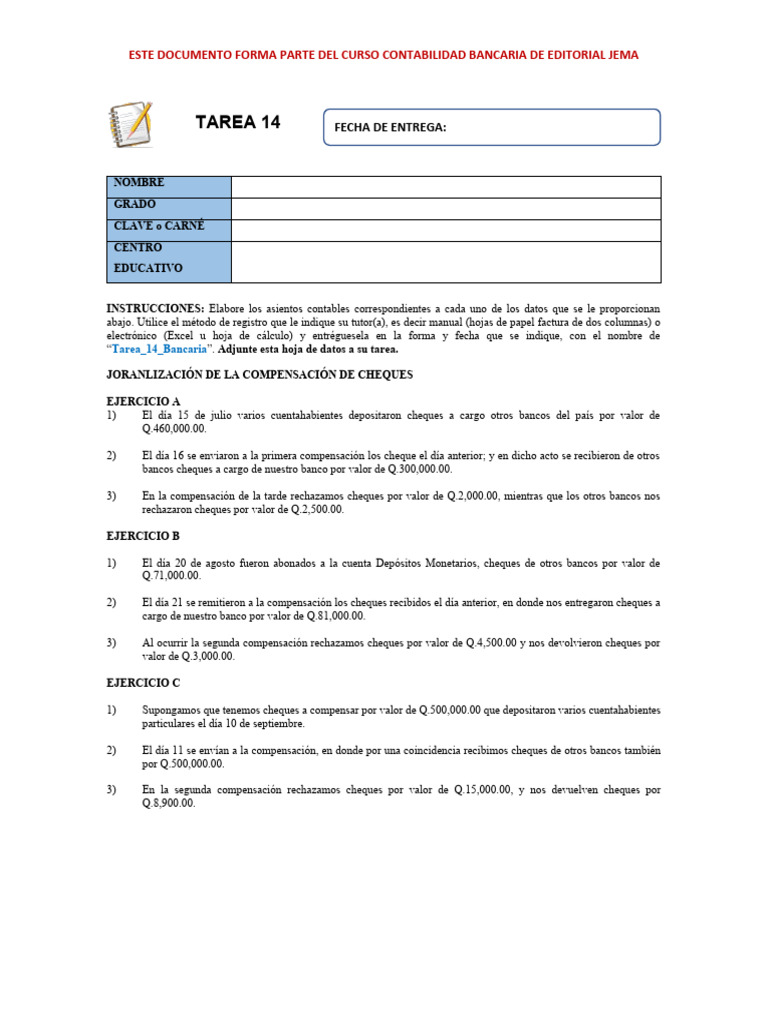 Tarea 14 Bancaria | PDF | Cheque | Contabilidad