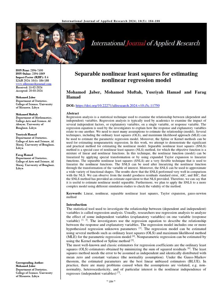 Separable Nonlinear Least Squares For Estimating Pdf Linear Regression Regression Analysis