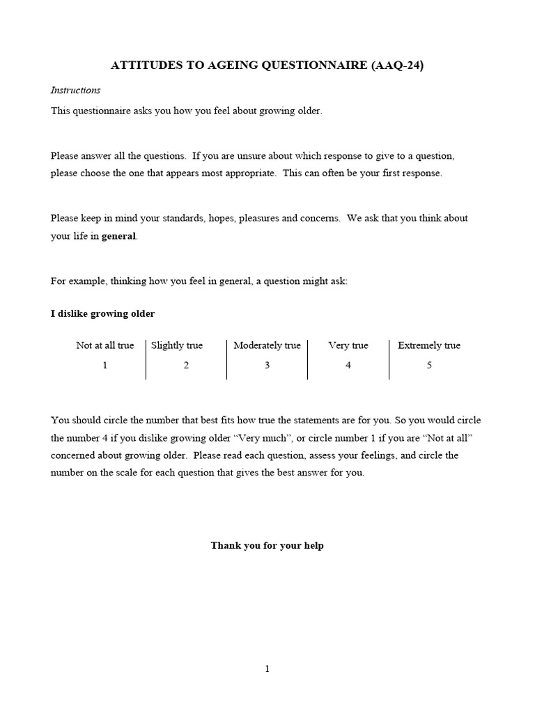 Attitudes to Ageing Questionnaire (AAQ-24) | PDF | Question | Social ...
