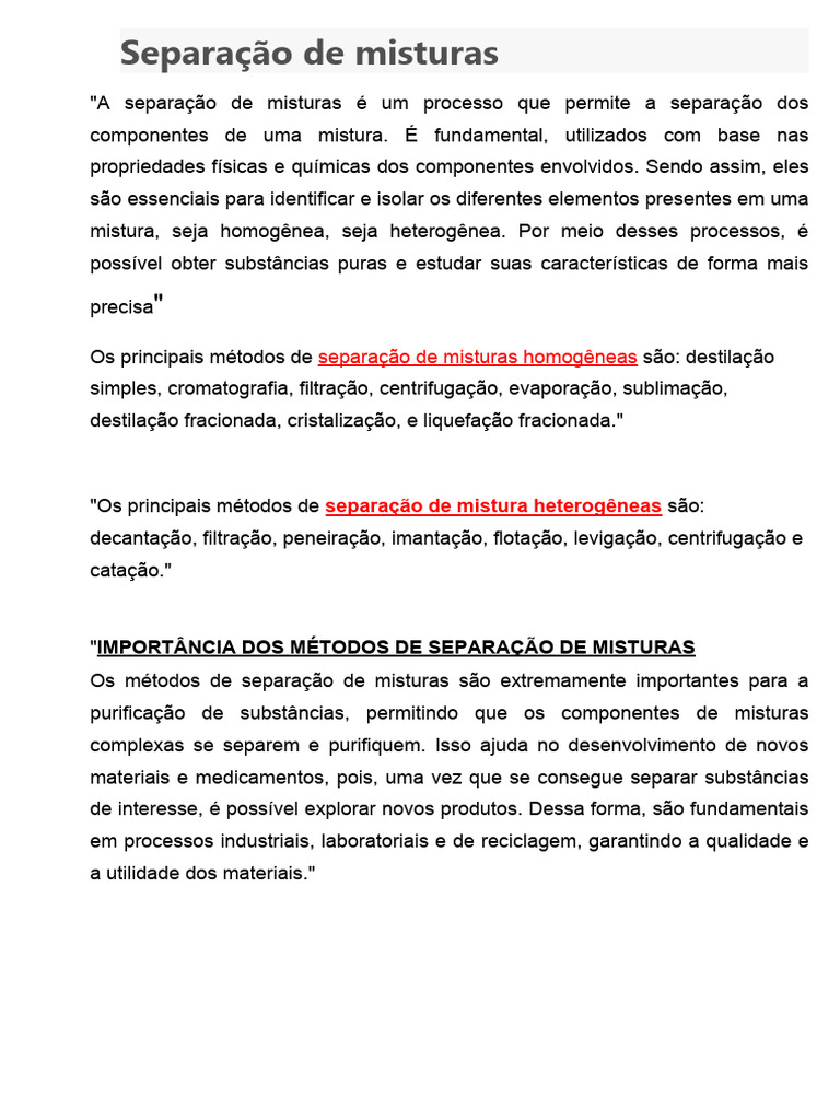 Métodos de Separação de Misturas | PDF | Mistura | Engenharia de ...