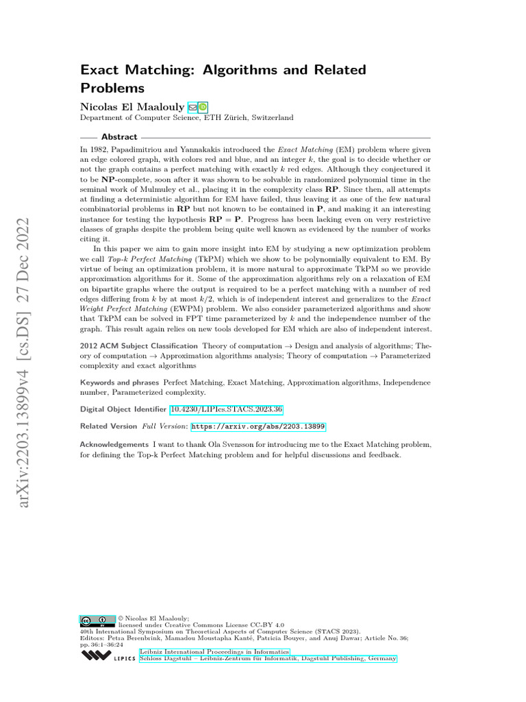 Exact Matching: Algorithms and Related Problems: Nicolas El Maalouly | PDF | Time Complexity ...