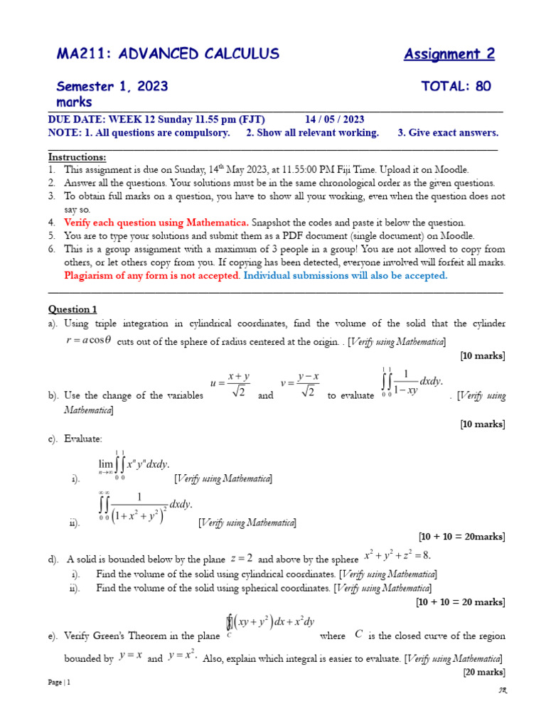 MA211 - A2 - 202301 Solution | PDF | Integral | Geometry