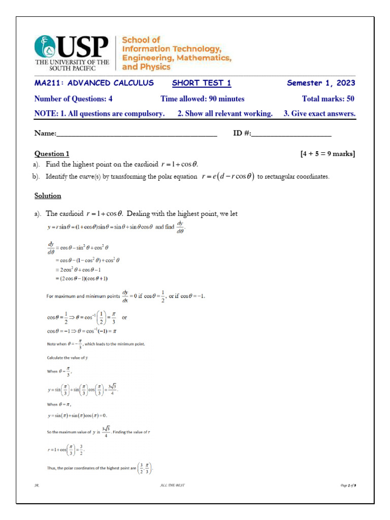 MA211 ST1 202301 Solution | PDF | Equations | Area