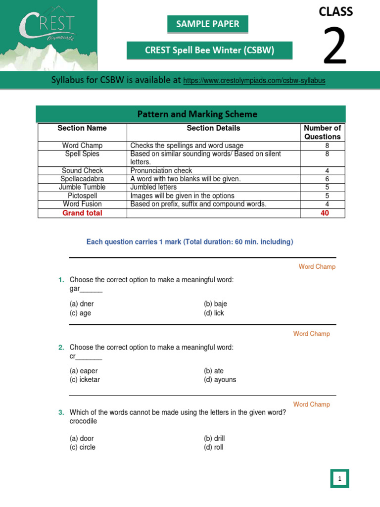 Class 2 Spell Bee Sample Paper | PDF | Linguistics
