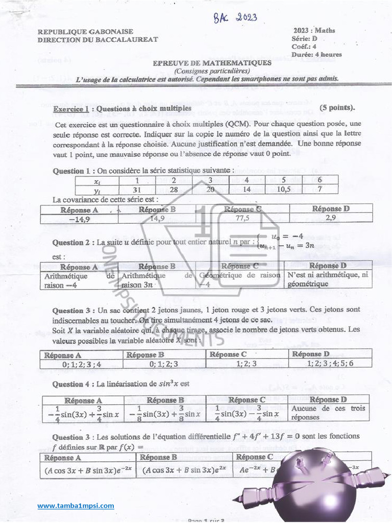 Bac 2023 Gabon Maths Serie D | PDF
