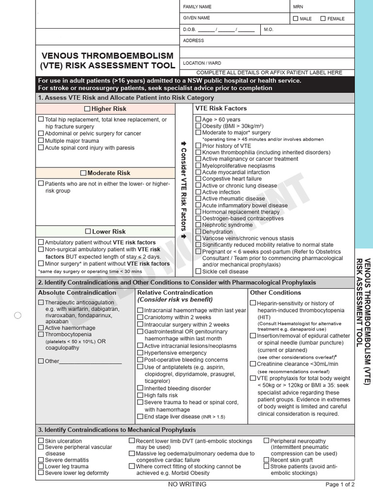 Venous Thromboembolism VTE Risk Assessment Tool by Sara | Download Free PDF | Thrombosis | Surgery
