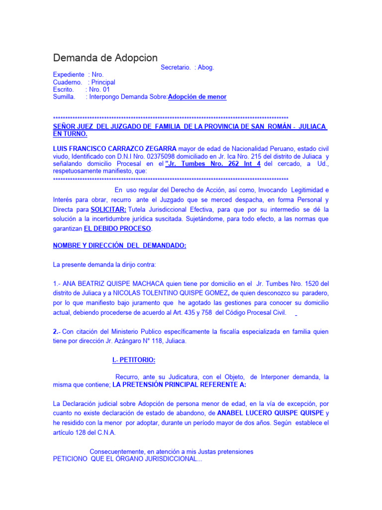 Demanda de Adopcion | PDF | Adopción | Demanda judicial