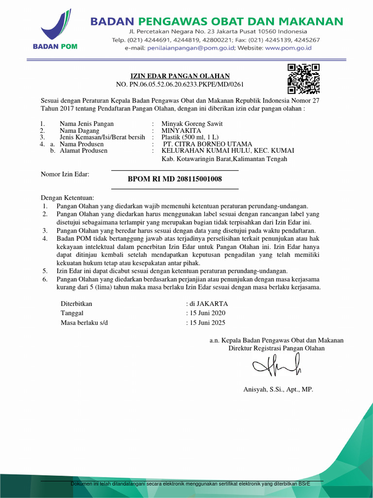 Ijin Edar (Nomor MD) Minyakita PT CBU | PDF