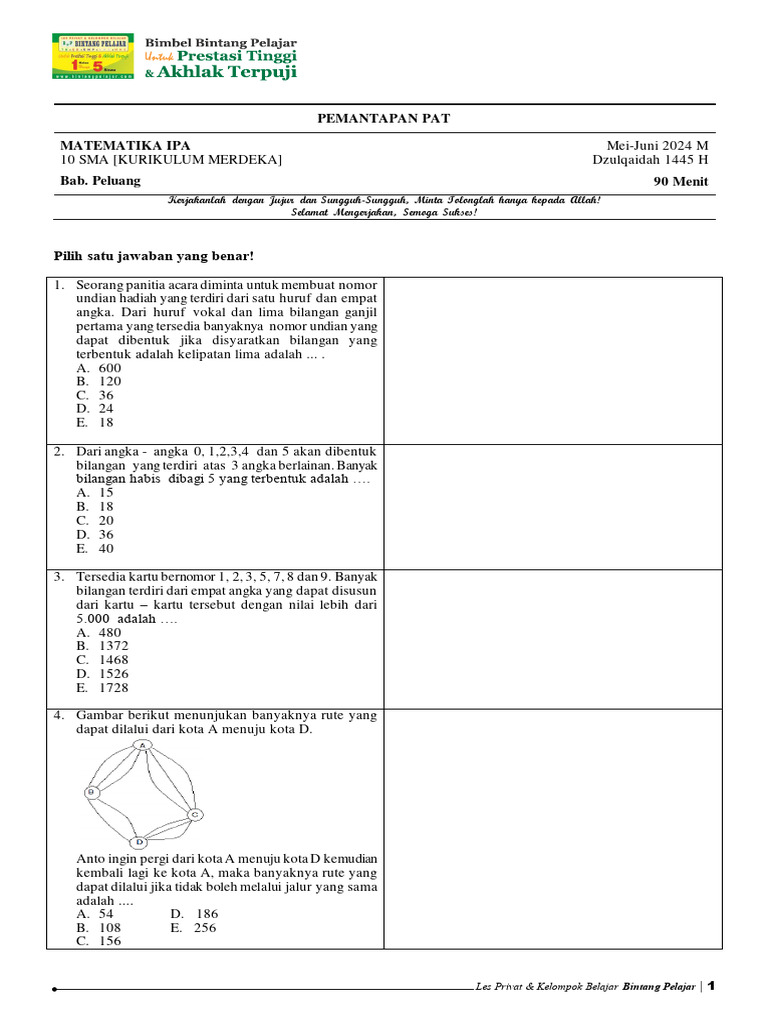 Bank Soal PAT Matematika IPA 10 SMA KM (Peluang) - Sem 2 (Layout) TA 23 ...