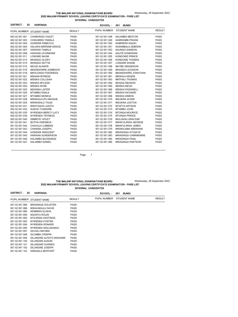 2022 Pslce Karonga Pass-List | PDF | Educational Stages | Youth