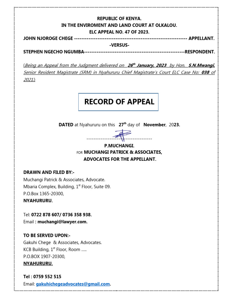 Kenya ELC Appeal No. 47 of 2023 Record | PDF | Appeal | Judgment (Law)
