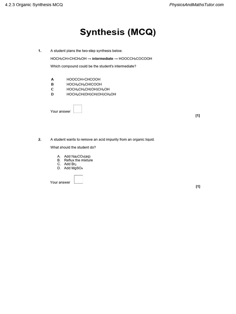 Organic Synthesis MCQ Practice | PDF | Organic Synthesis | Physical ...